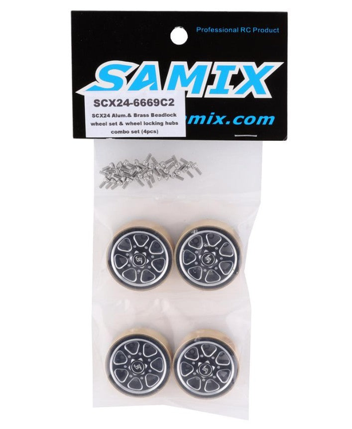 Samix SCX24 Aluminum & Brass 1.0" Beadlock Wheel Set w/Scale Hubs (Bla – Superstition Hobbies